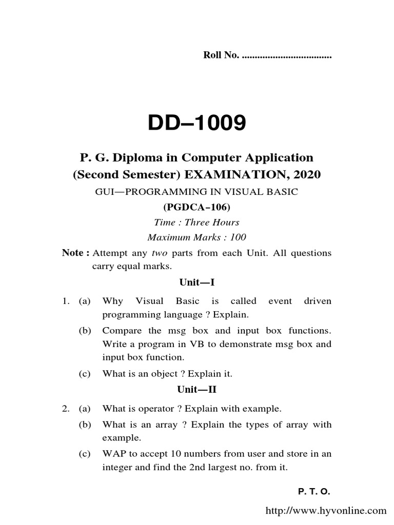 Pgdca 2 Sem Gui Programming in Visual Basic DD 1009 2020 | PDF