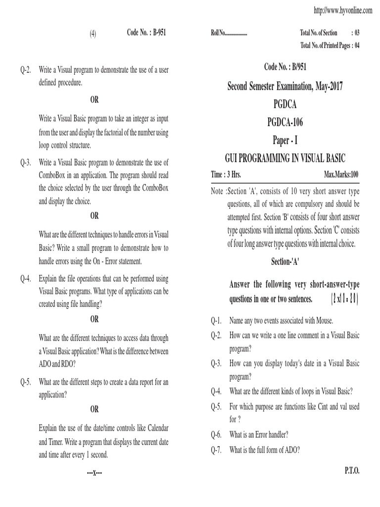 Pgdca 2 Sem Gui Programming in Visual Basic 951 May 2017 | PDF | Computer Program | Programming