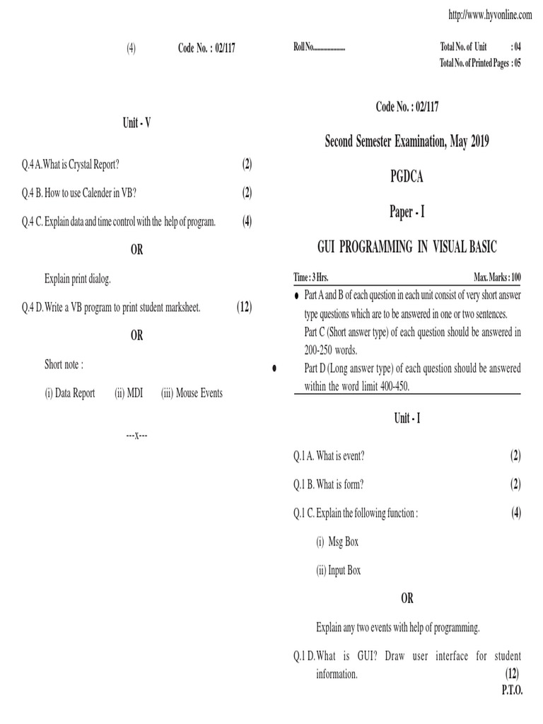 Pgdca 2 Sem Gui Programming In Visual Basic 117 May 2019 Pdf 