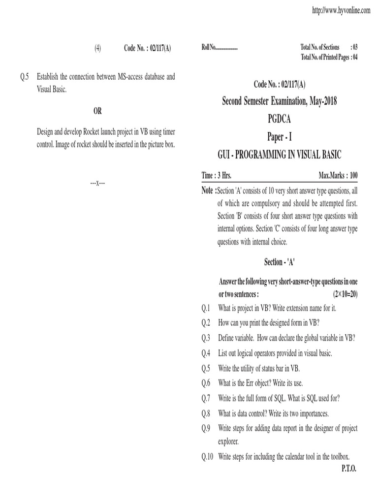 Pgdca 2 Sem Gui Programming in Visual Basic 117a May 2018 | PDF | Computer Program | Programming