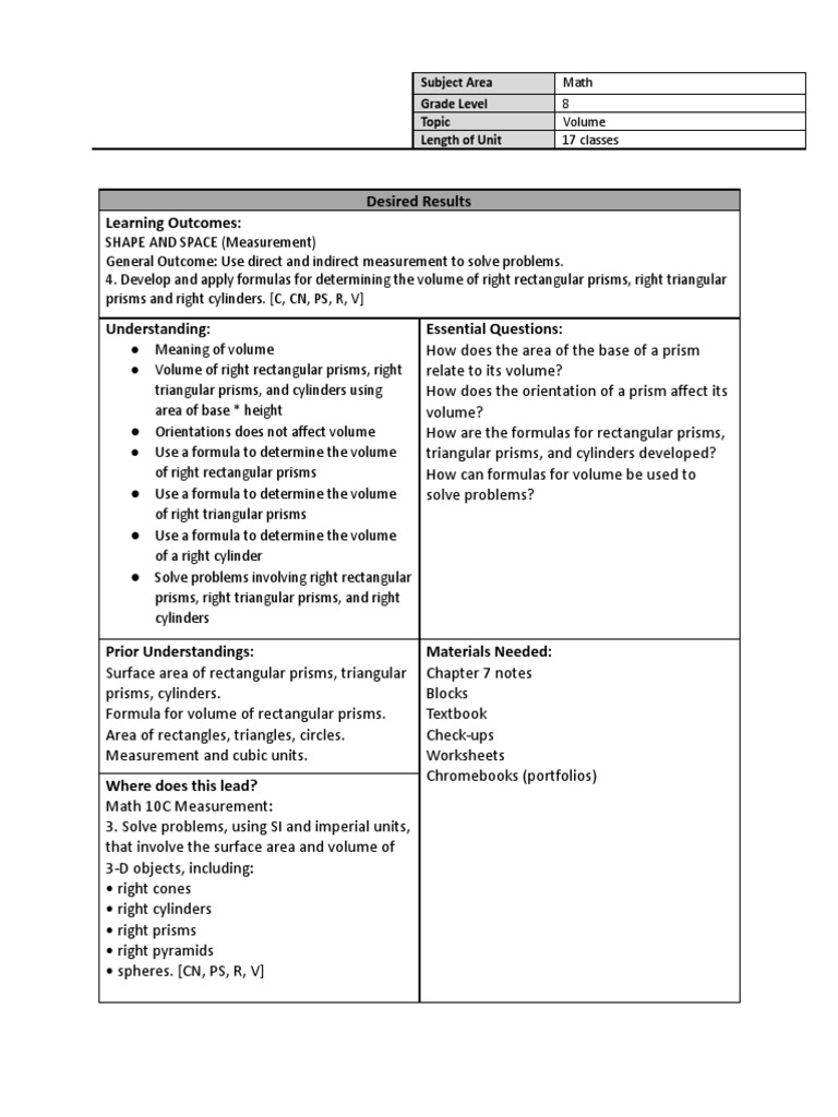 Math 8 Volume Unit Plan | PDF | Area | Volume