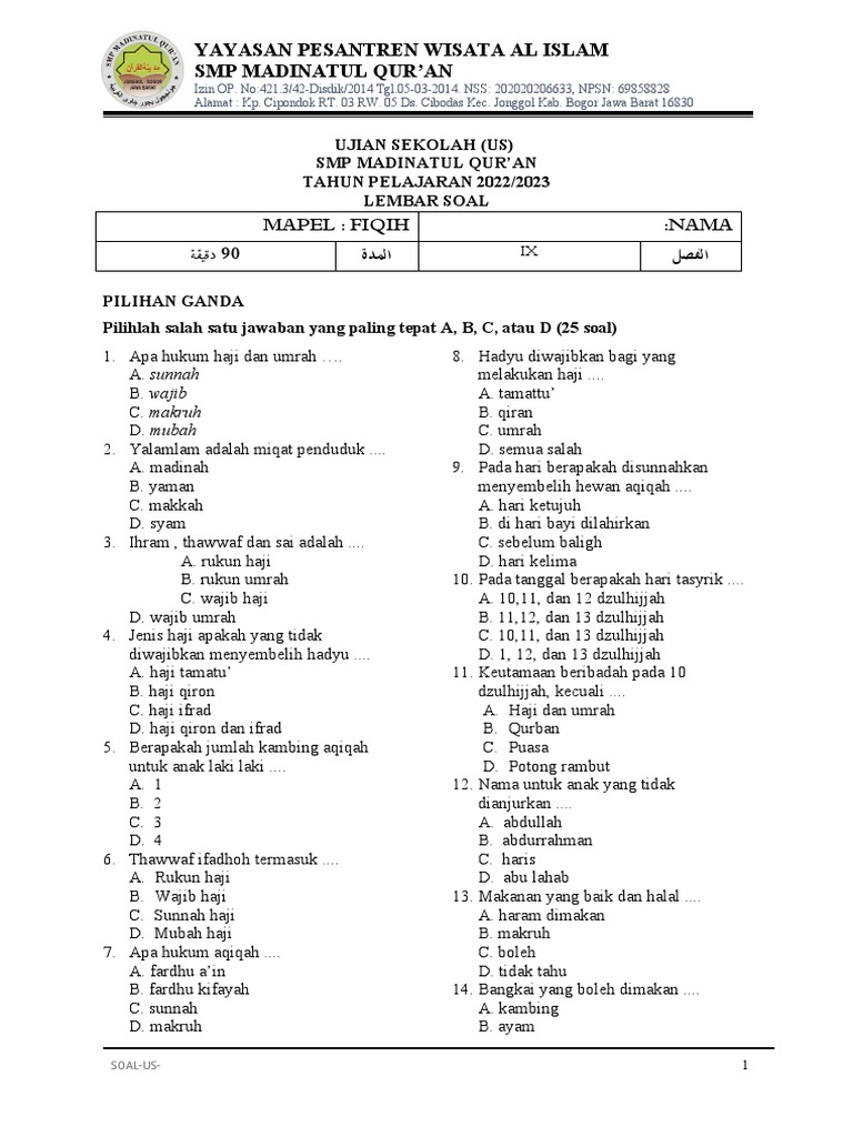 Soal-Us-Fiqih-Ghifar-Smp MQ-2023 | PDF