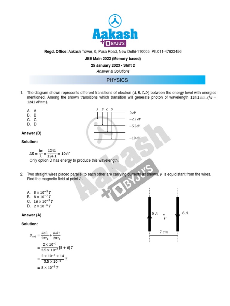 JEE Main 2023 (Memory based) Answer & Solutions: Physics | PDF | Physical Quantities | Physics
