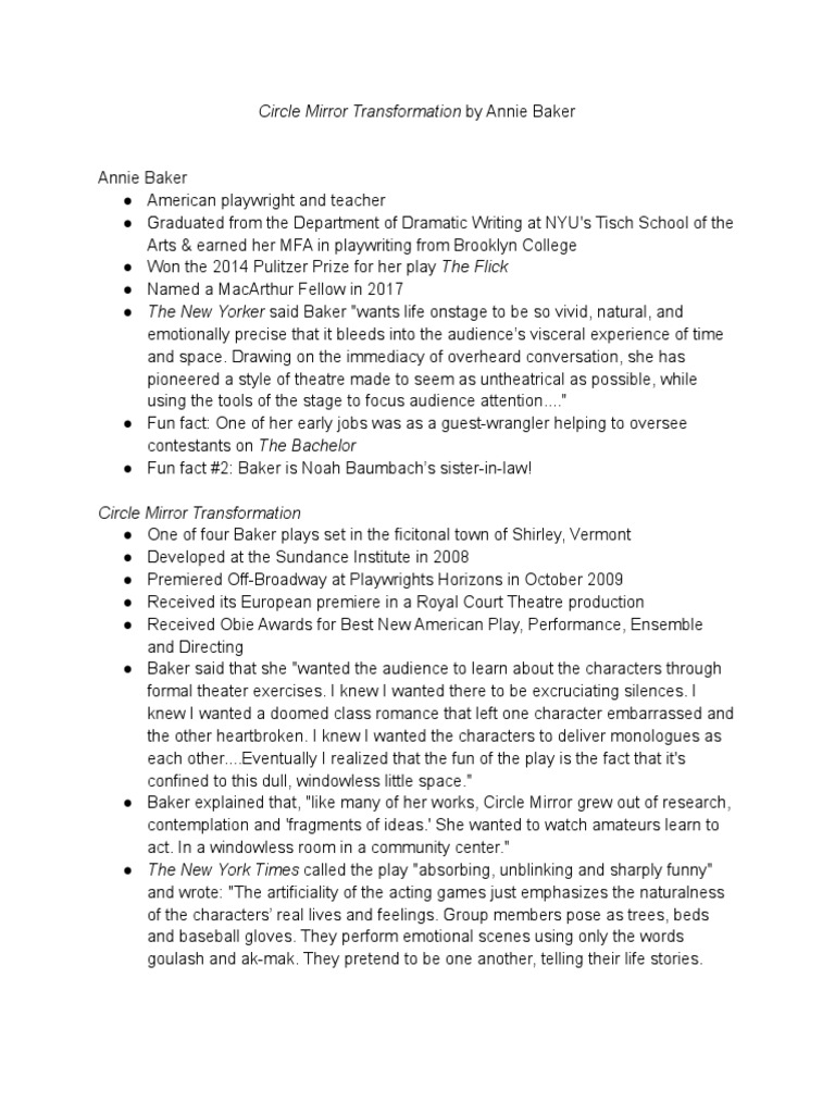 CIRCLE MIRROR TRANSFORMATION by Annie Baker | PDF | Theatre | Performing Arts