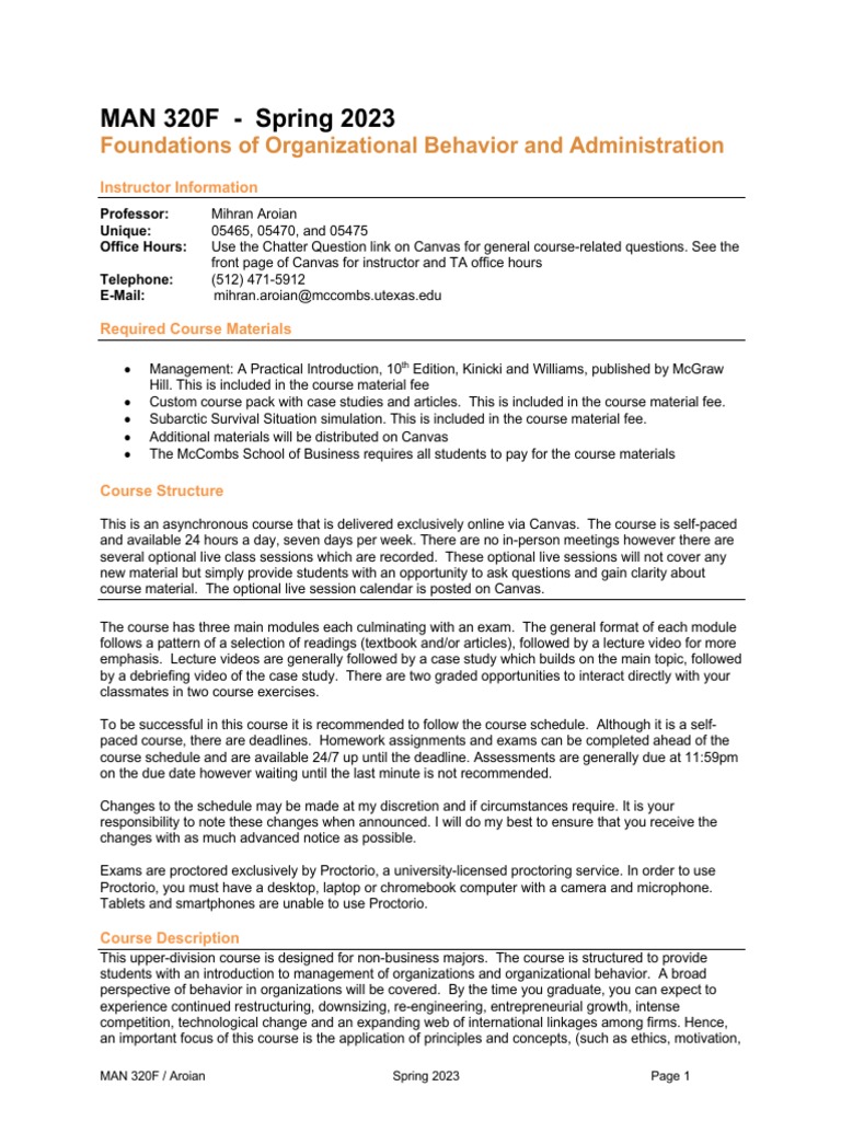 MAN 320f Spring 2023 Syllabus | PDF | Academic Dishonesty | Title Ix