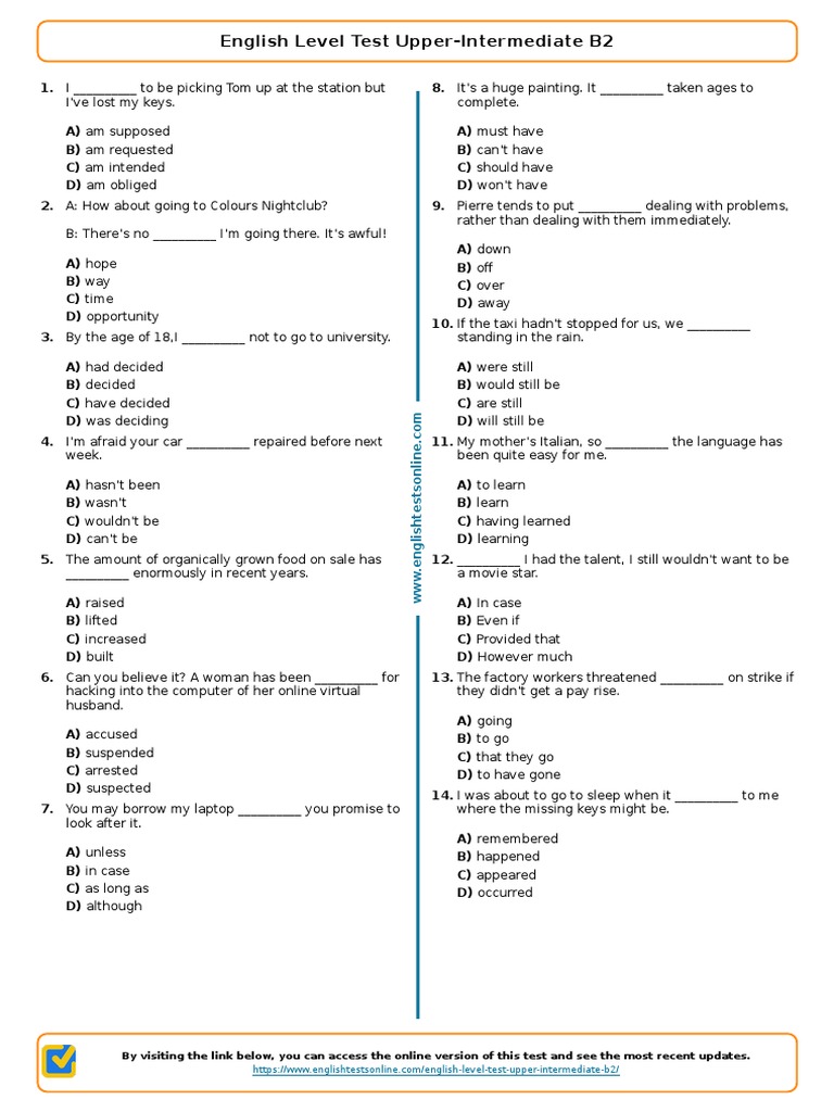 546 - English Level Test Upper Intermediate b2 | PDF