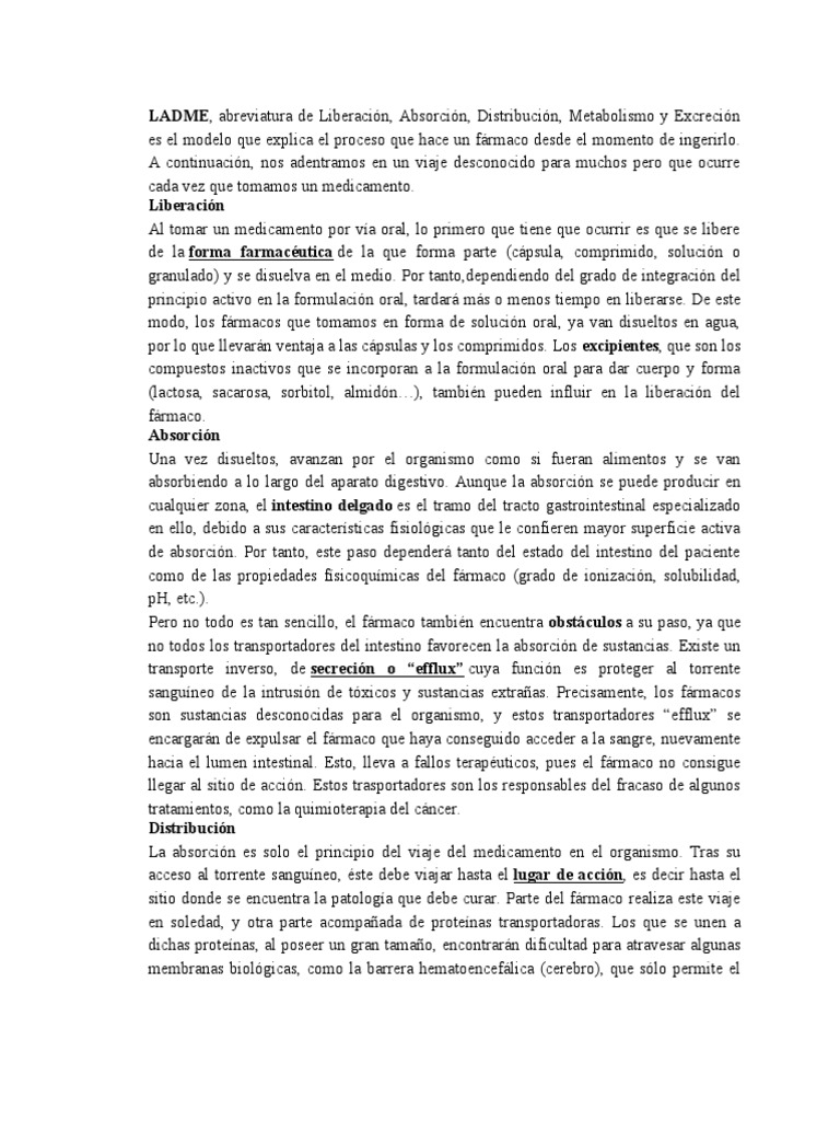 Proceso LADME en Farmacología | PDF | Medicamentos con receta | Digestión