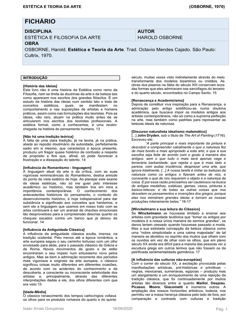 OSBORNE, Harold. Estética e Teoria Da Arte (Fichário) | PDF | Estética ...
