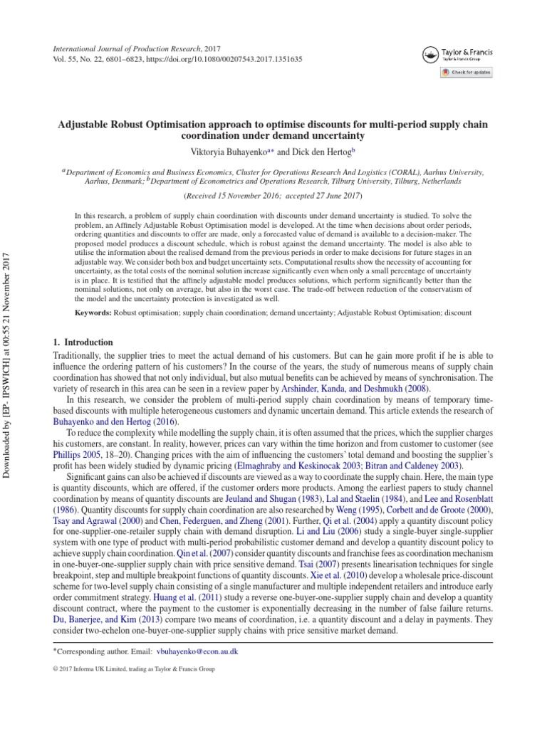 Adjustable Robust Optimisation Approach To Optimise Discounts For Multi-Period Supply Chain ...