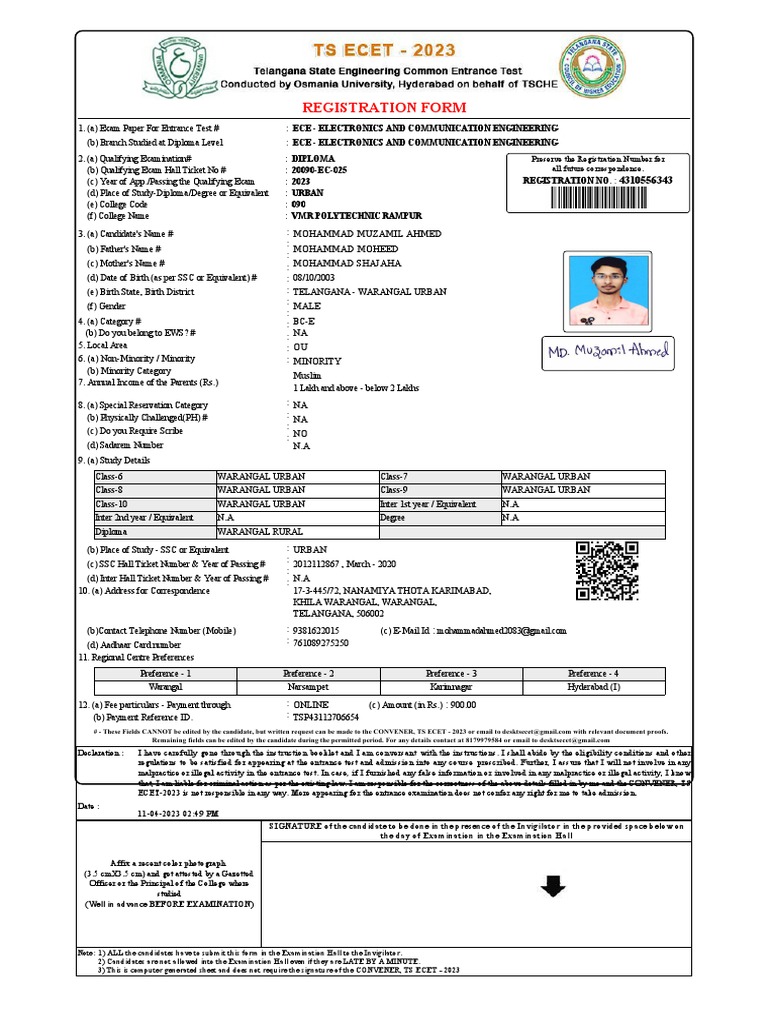 Registration Form: Diploma 20090-EC-025 2023 Urban 090 VMR Polytechnic ...