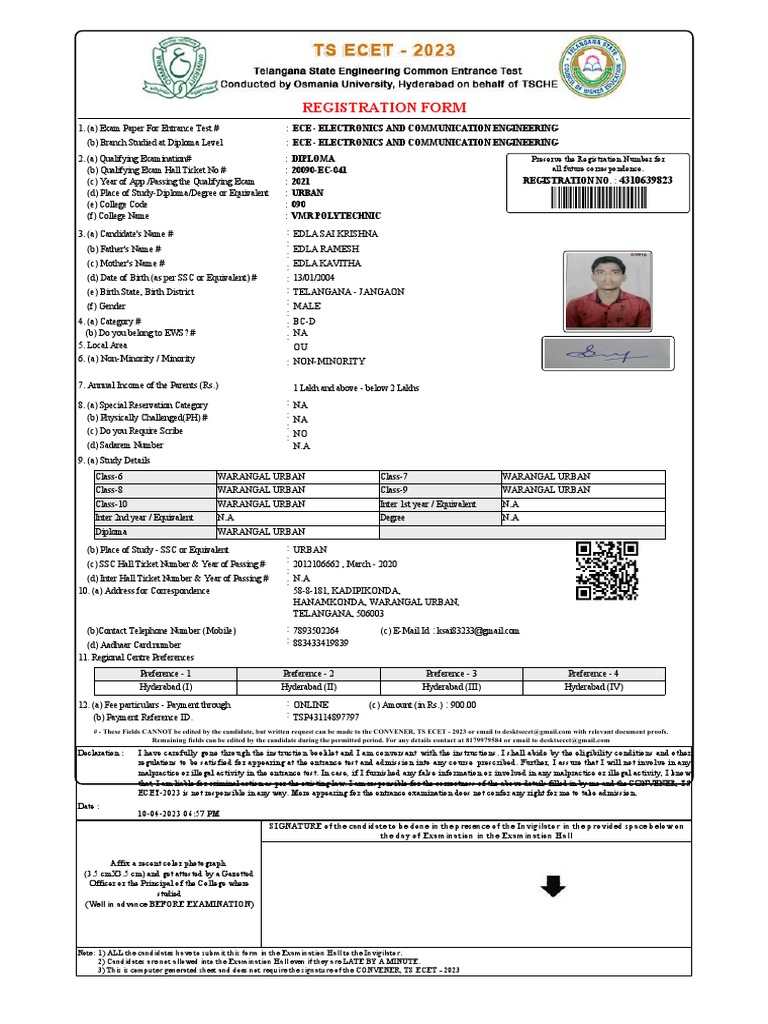 Registration Form: Diploma 20090-EC-041 2021 Urban 090 VMR Polytechnic ...