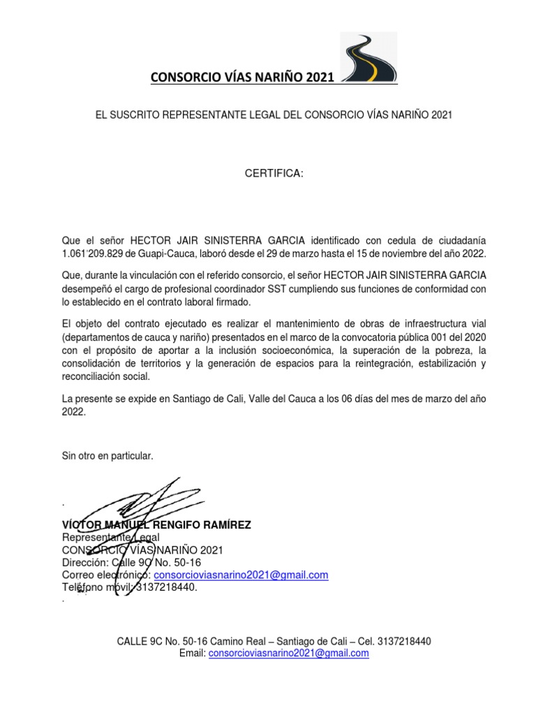 Certificacion Laboral Vias Nariño | PDF