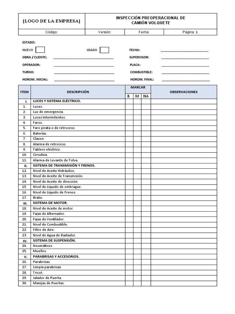 Checklist de Camión Volquete | PDF | Camión | Coche