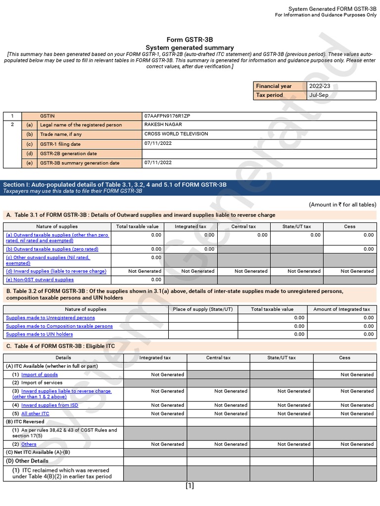 Form GSTR-3B System Generated Summary: Section I: Auto-Populated ...