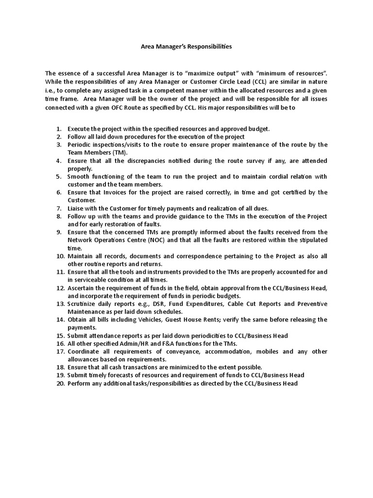 Area Manager's Key Duties | PDF | Business