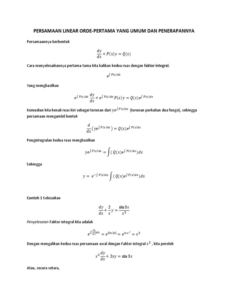 Persamaan Diferensial Linear Orde Pertama Dan Penerapannya | PDF Persamaan Diferensial Linear Orde Pertama Dan Penerapannya | PDF