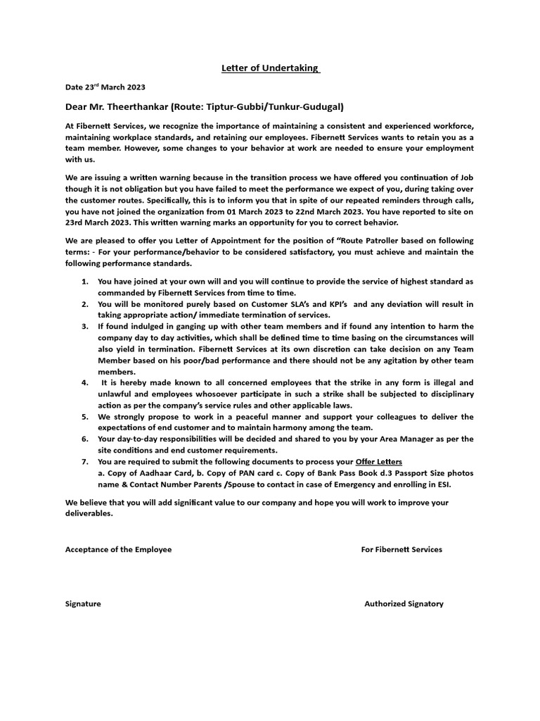 Letter of Undertaking-Theerthankar | PDF | Employment | Labor