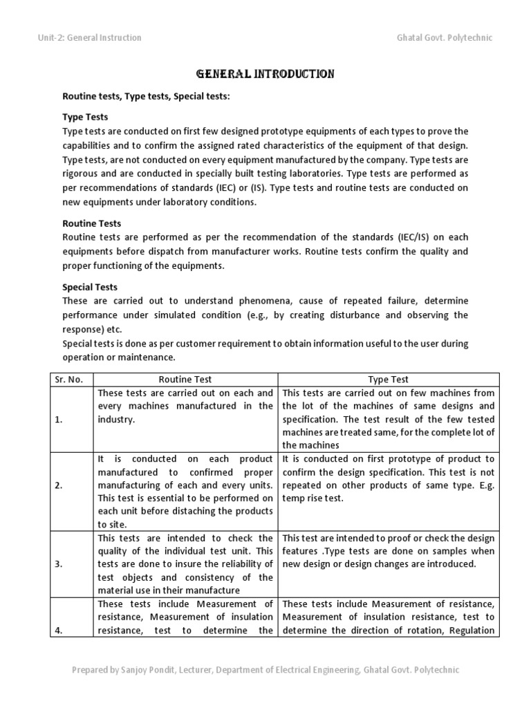 General Introduction: Routine Tests, Type Tests, Special Tests: Type ...