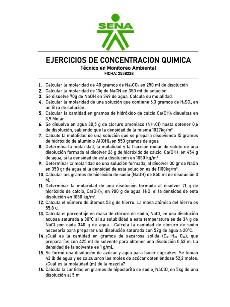 Ejercicios de Soluciones | PDF | Concentración | Sustancias químicas
