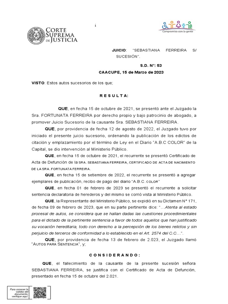 Sentencia Definitiva Sebastiana Ferreira Sucesion | PDF | Justicia ...