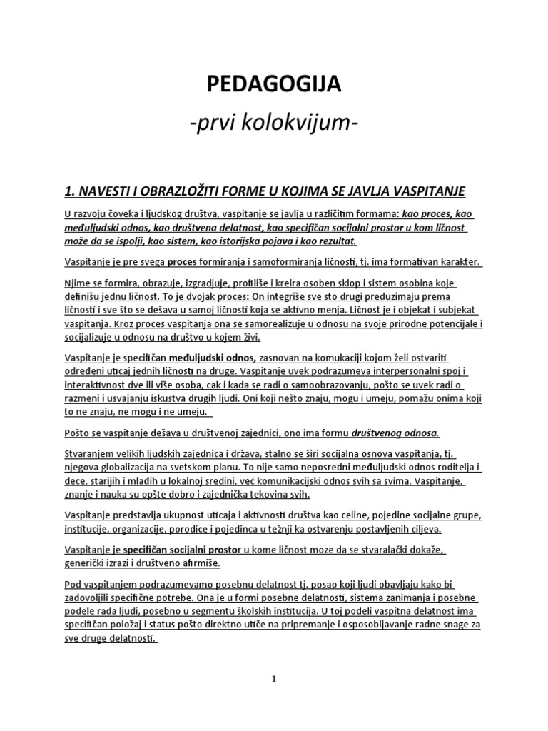 PEDAGOGIJA Kolokvijum | PDF