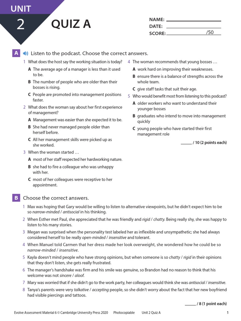 Evolve - L6 - Unit 2 Quiz - A | PDF | Job Interview Evolve - L6 - Unit 2 Quiz - A | PDF | Job Interview