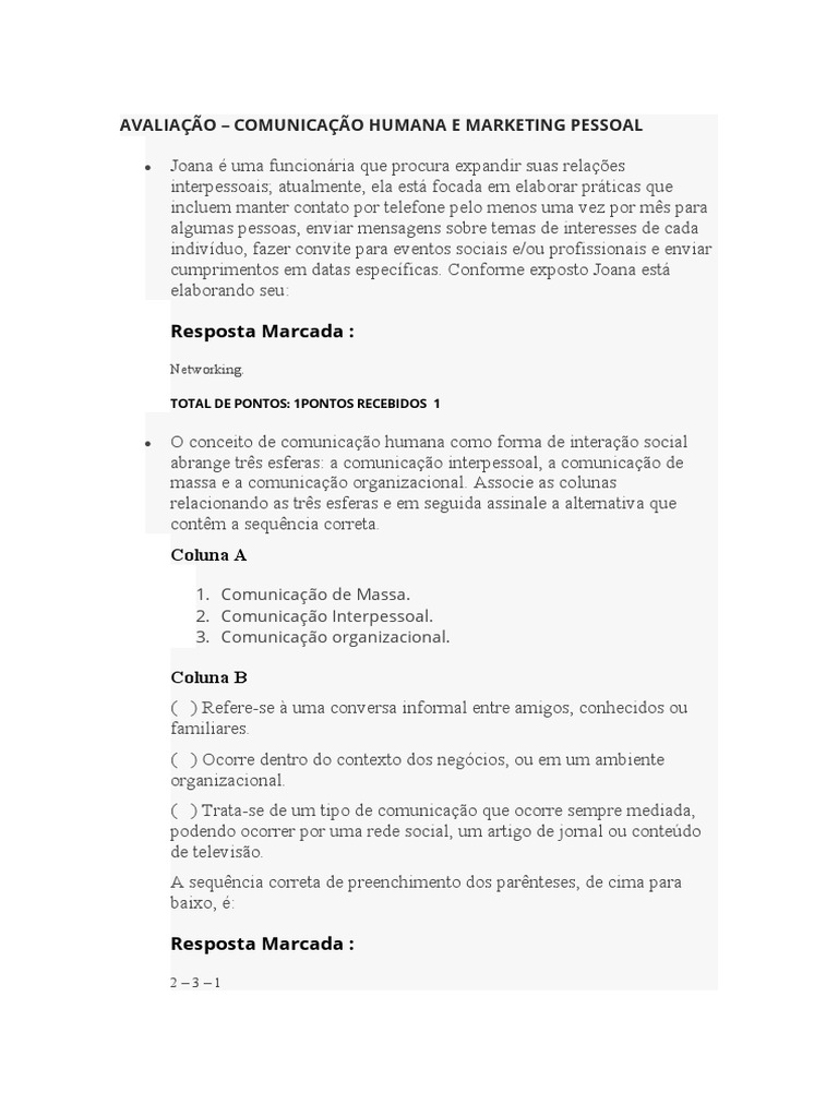 Avaliação - Comunicação Humana e Marketing Pessoal | PDF | Comunicação ...