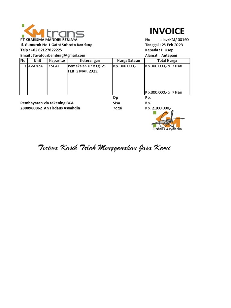 Invoice Sewa Mobil AVANZA | PDF