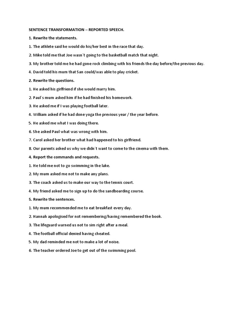 Reported Speech Sentence Exercises | PDF