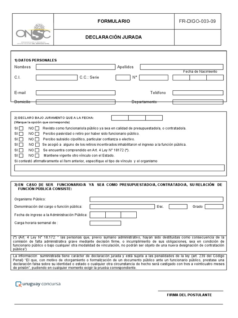 Ue 0002 20 Formulario de Declaracion Jurada ONSC | PDF | Justicia | Crimen y violencia