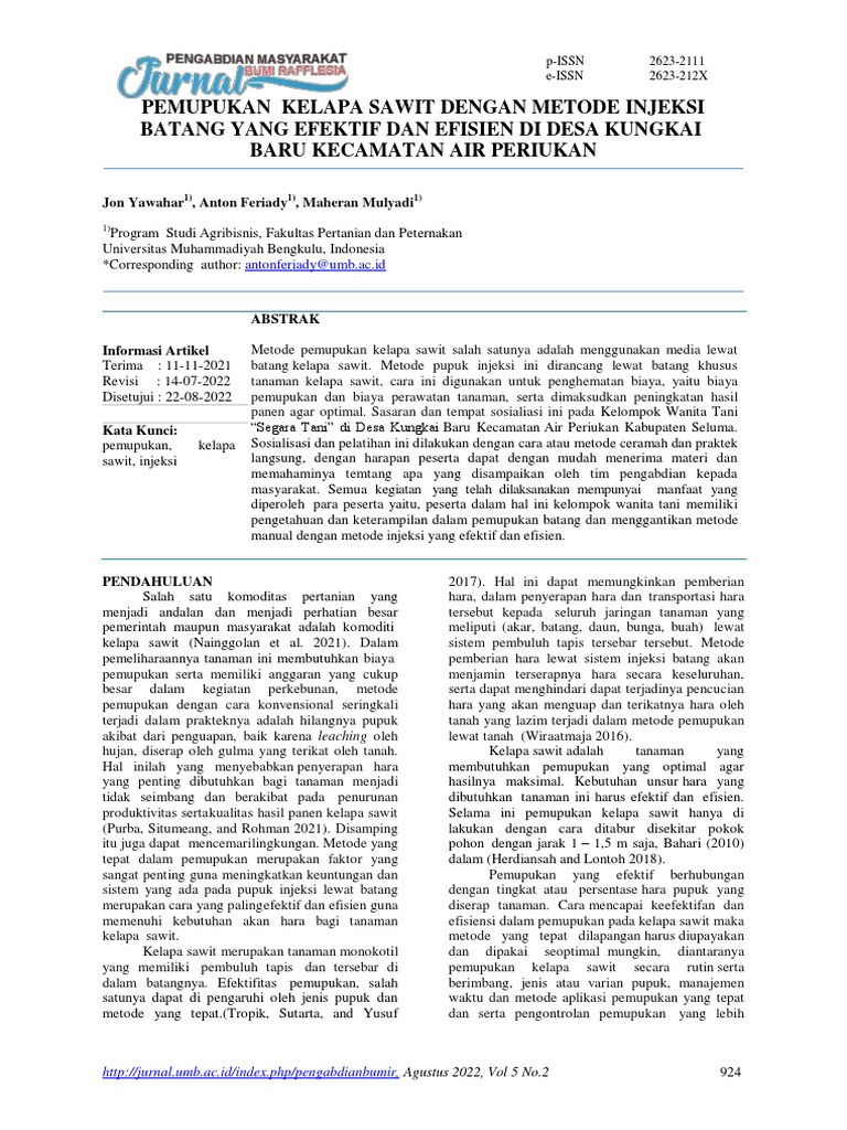 Pemupukan Kelapa Sawit Dengan Metode Injeksi Batang Yang Efektif Dan Efisien Di Desa Kungkai ...