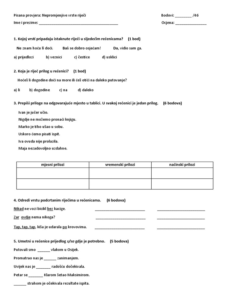 Test Jezik - Nepromjenjive Vrste Riječi | PDF