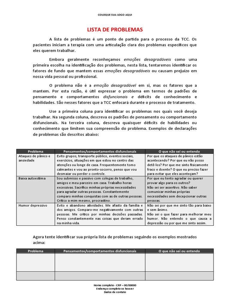 Lista de Problemas: Problema Pensamentos/comportamentos Disfuncionais O Que Não Sei Ou Entendo ...