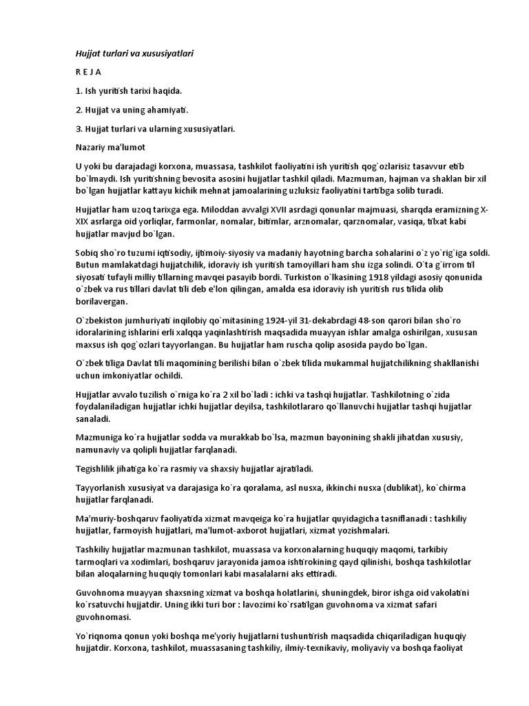 Hujjat Turlari Va Xususiyatlari | PDF