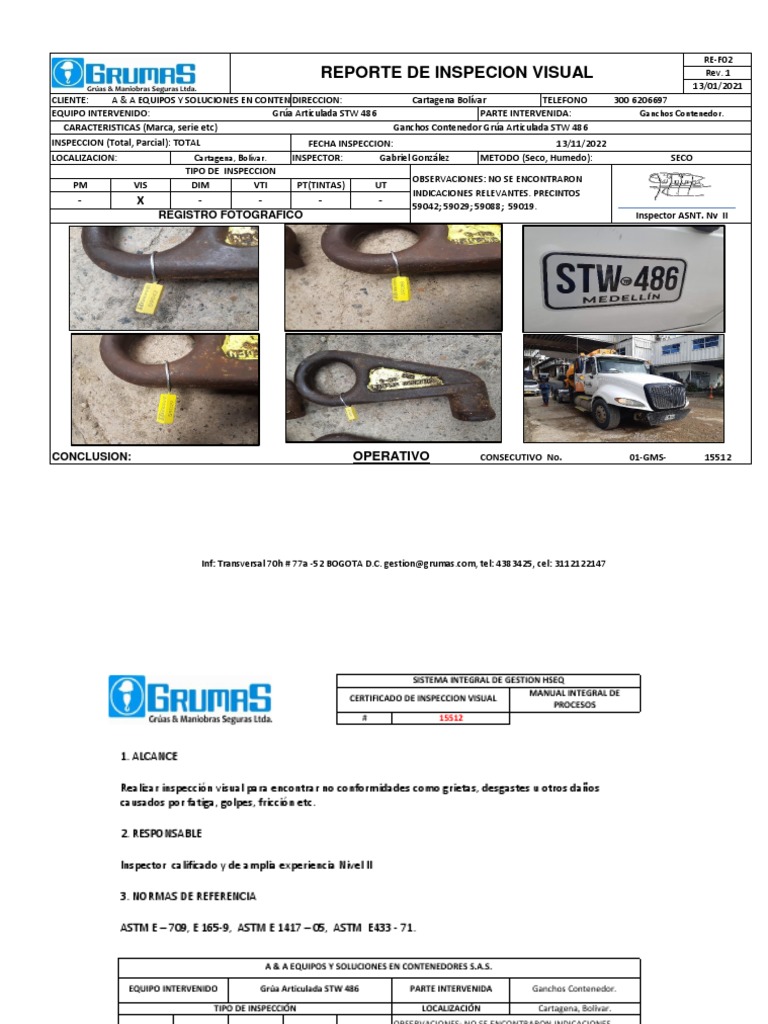 Reporte de Inspecion Visual: Registro Fotografico | PDF