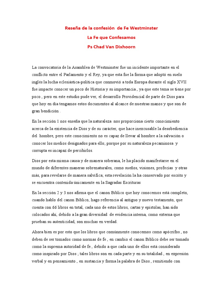 Reseña de La Confesión de Fe Westminster | PDF | Biblia | Pecado