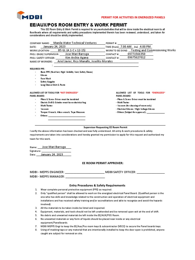 Ee/Aux/Pos Room Entry & Work Permit: Permit For Activities in Energized ...