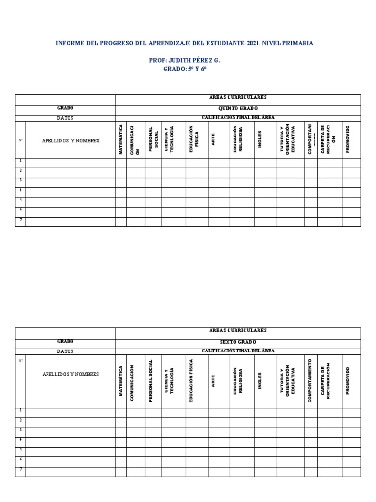 Informe Progreso Estudiantil 2021 Primaria | PDF | Aprendizaje | Cognición