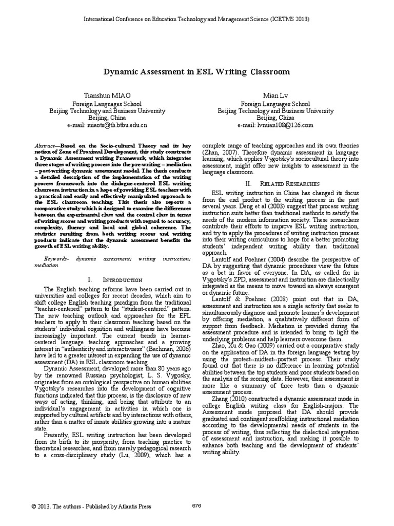 Dynamic Assessment in ESL Writing Classroom | PDF | English As A Second Or Foreign Language ...