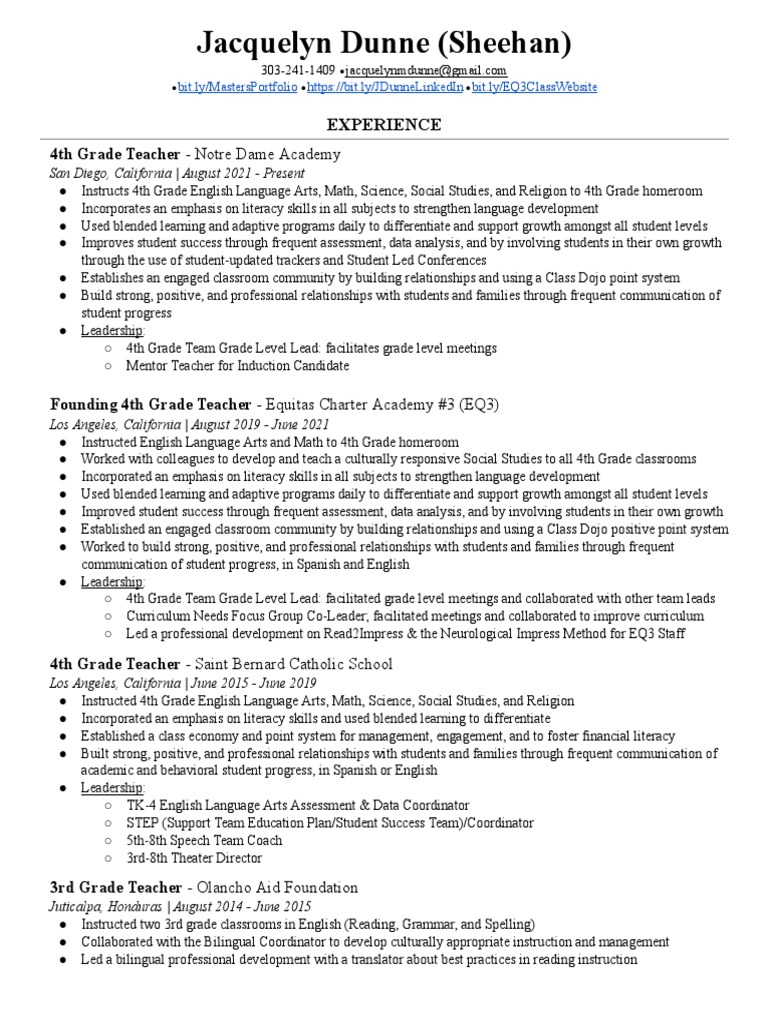 Jacquelyn Dunne Resume 2023 | PDF | Teachers | Literacy