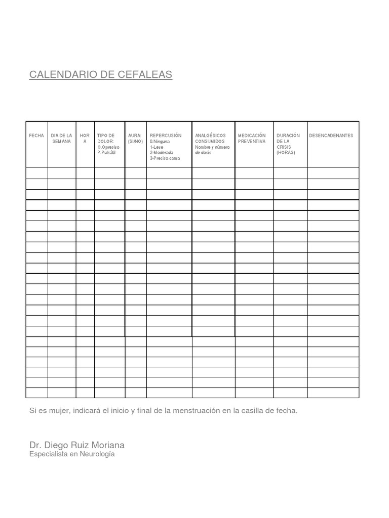 Calendario de Cefaleas: Dr. Diego Ruiz Moriana | PDF