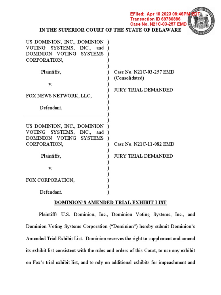 Dominion Amended Trial Exhibit List | PDF | Government | Companies