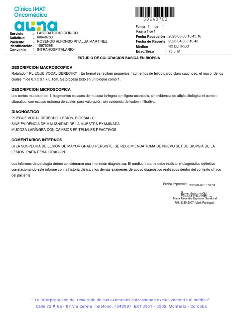 Resultados de Biopsia Laringea | PDF | Biopsia | Patología
