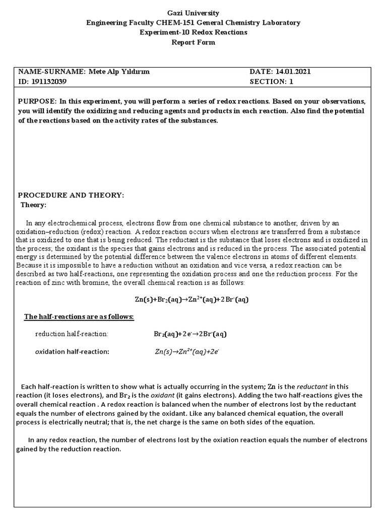Mete Alp Yıldırım EXP 10 Report | PDF | Redox | Electrochemistry