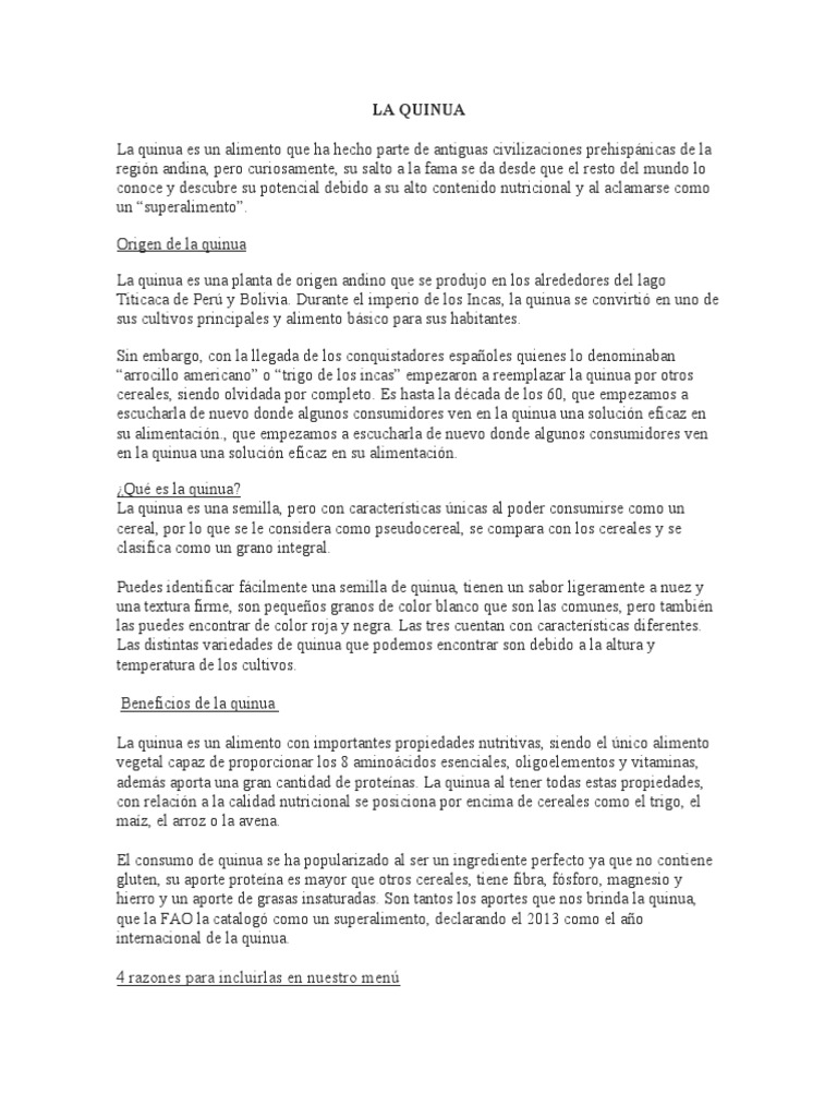 Beneficios y valor nutricional de la quinua | PDF | Quinua | Cereales