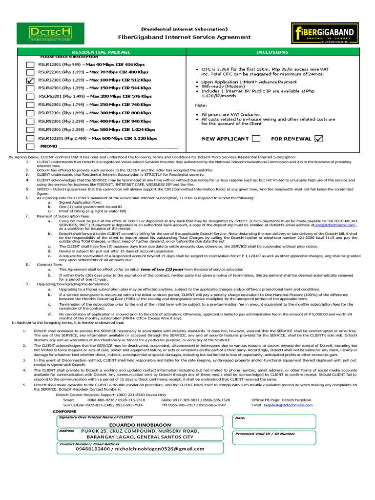 Fibergigaband Internet Service Agreement: Residential Package ...
