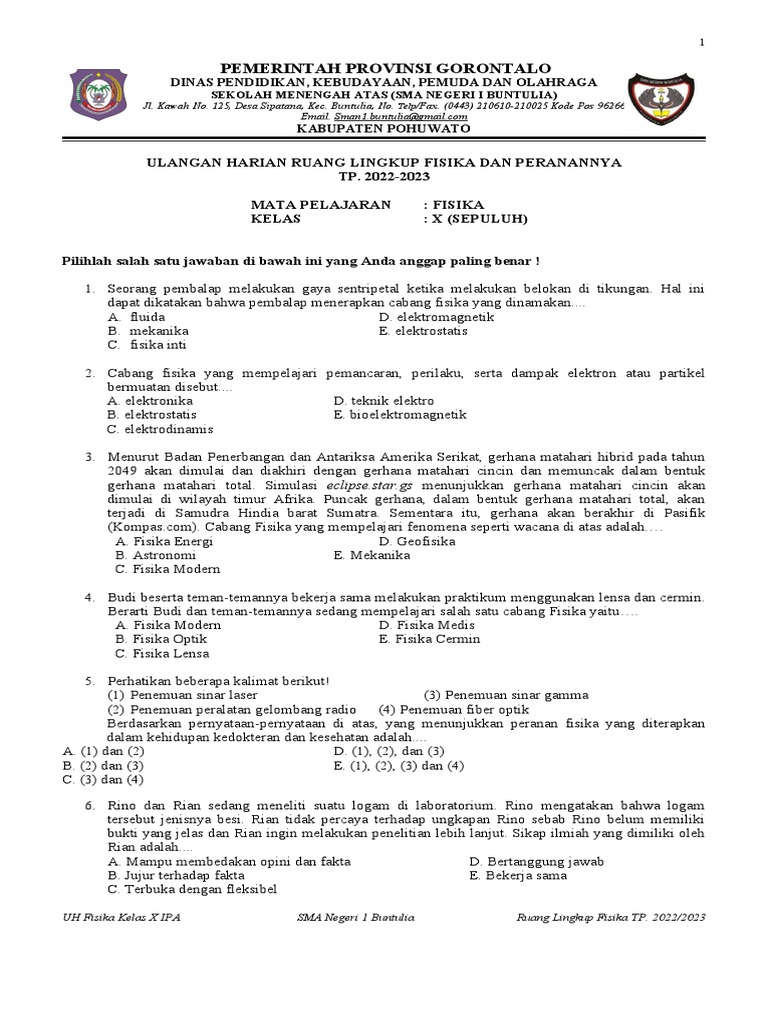 Uh Kd 1 Fisika X Ruang Lingkup Fisika Dan Peranannya Pdf