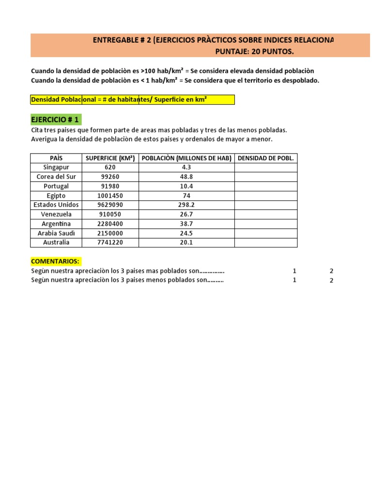 Entregable # 2 (Ejercicios Pràcticos Sobre Indices Relacionados A La Poblaciòn) Puntaje: 20 ...