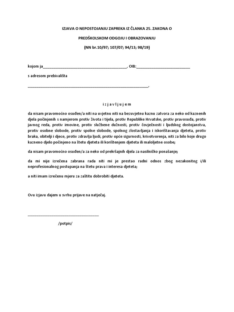 Izjava O Nepostojanju Zapreka Iz Članka 25. Zakona O Predškolskom ...