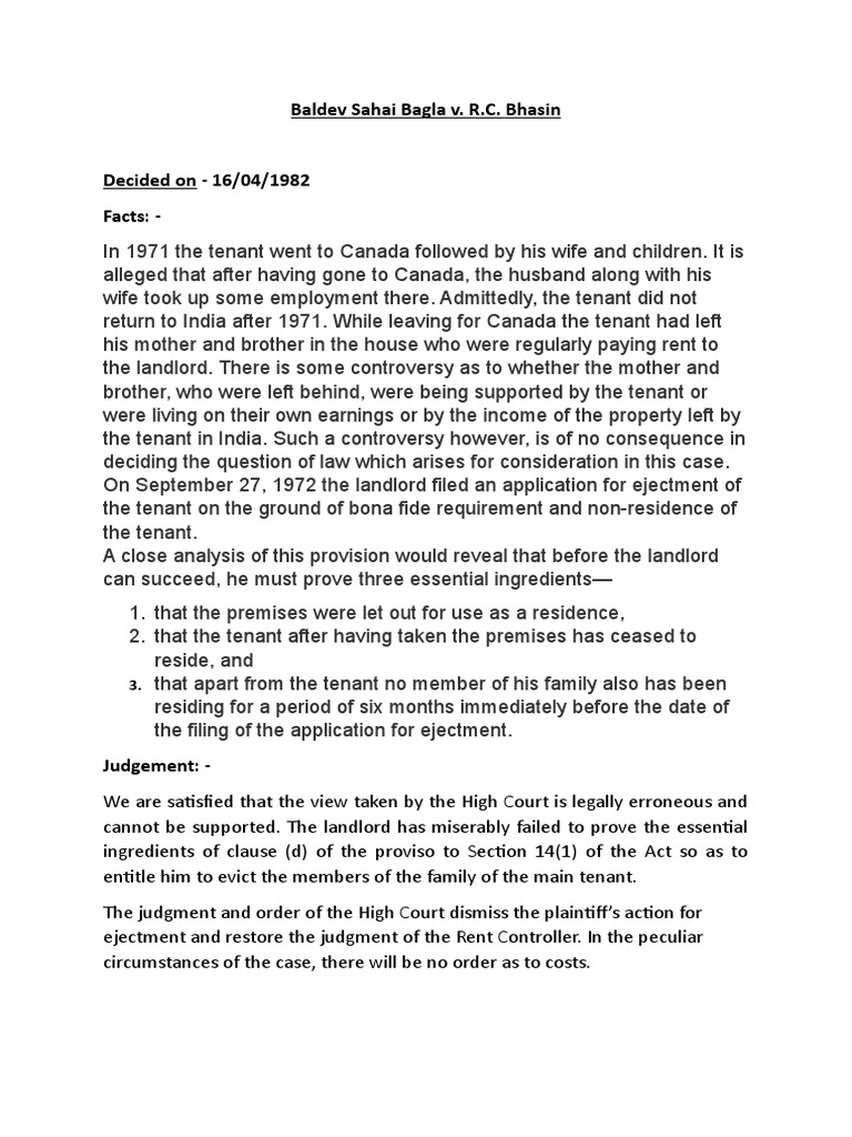 Baldev Sahai Bagla v. R.C. Bhasin | PDF | Law